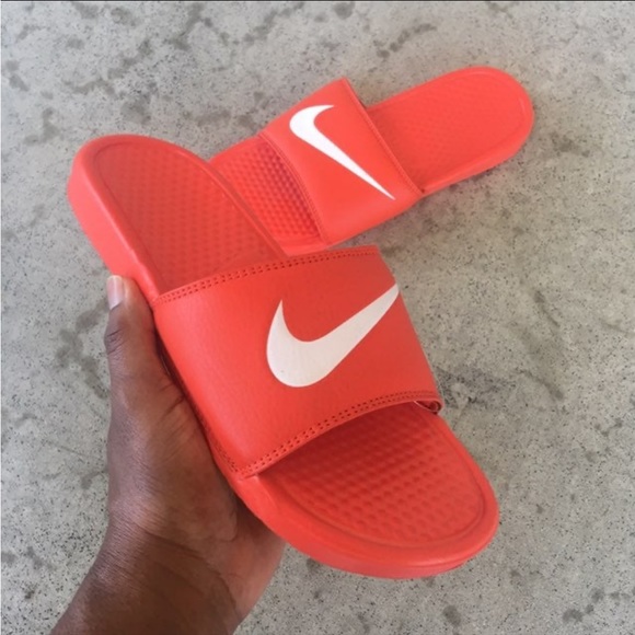 Nike | Shoes | Nike Benassi Swoosh Slides Oranges Whites Flip Flop ...